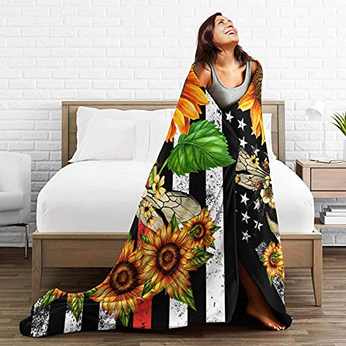 Sunflower Blanket,American Flag Throw Blanket,Bee Honey Ultra Soft Microplush Bed Blanket Sunflower Gifts for Women