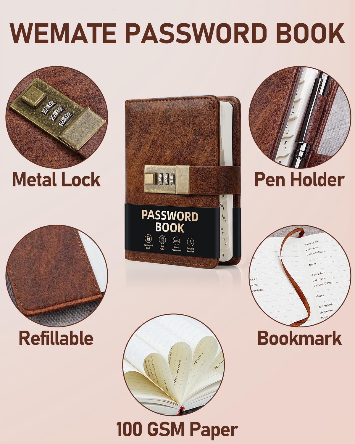 WEMATE Password Book with Lock, Password Book with Alphabetical Tabs 600+ Password Spaces, Password Logbook with Lock, Password Keeper for Computer 4.33 X 6.18 Inch Brown