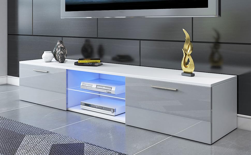 COSVALVE TV Stand for Living Room with LED & Grey Doors, Modern Television Stands for 70 Inch TV, High Gloss Entertainment Center with Storage, Media Console Table with Display Shelves