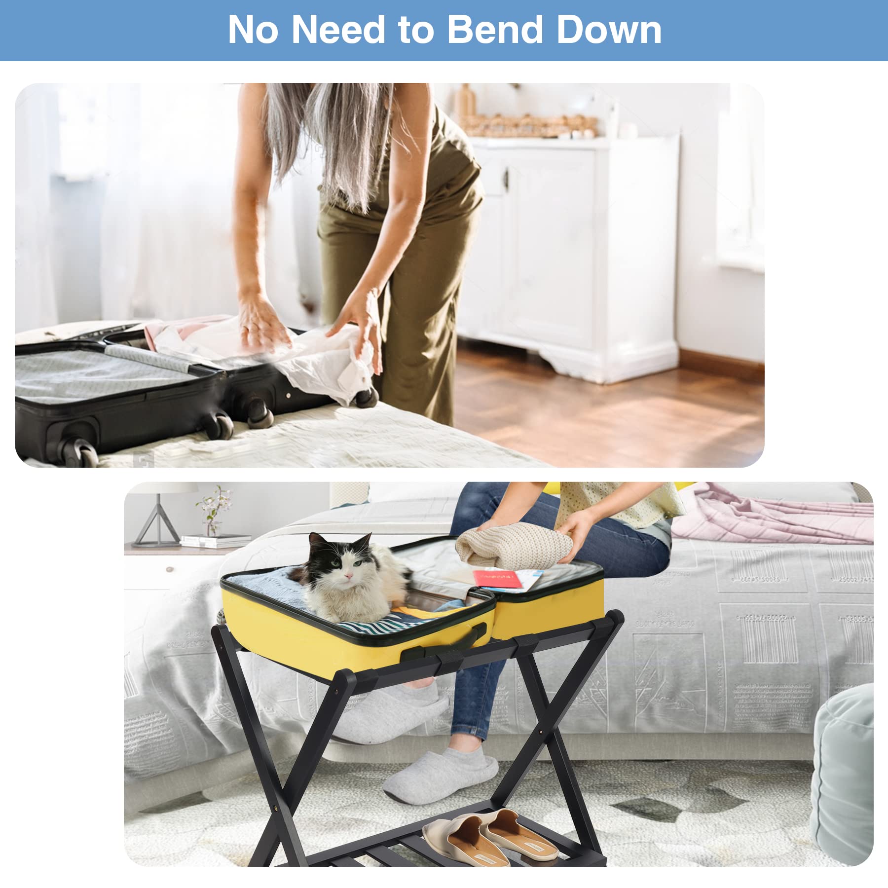 ALAPUR Folding Luggage Rack for Guest Room,Bamboo Suitcase Stand Holder with Shelf for Home Hotel Bedroom,Black