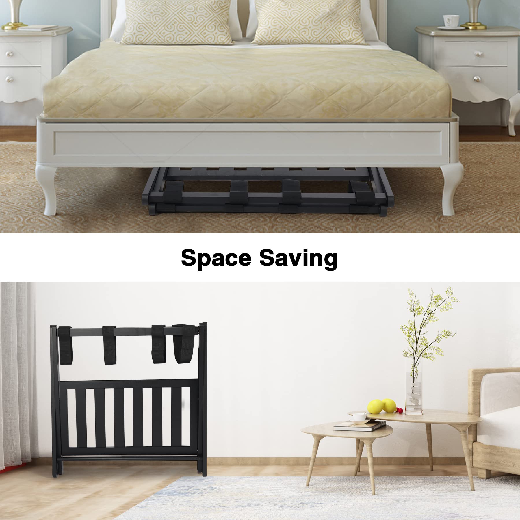 ALAPUR Folding Luggage Rack for Guest Room,Bamboo Suitcase Stand Holder with Shelf for Home Hotel Bedroom,Black
