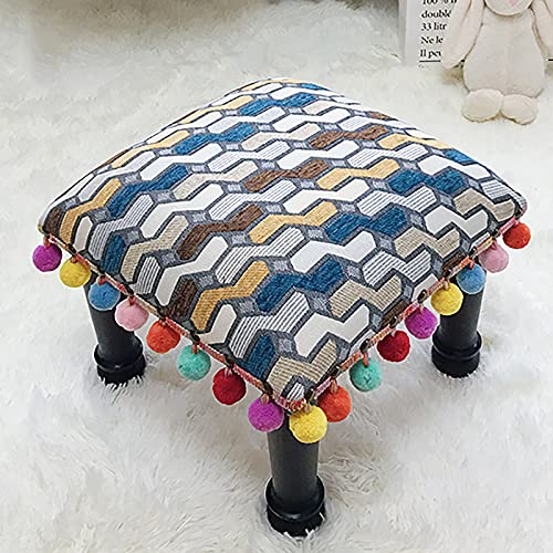 SoOSSN Small Foot Stool,Colorful Tassel Footrest for Couch,Beautiful Linen Fabric Footstool Kids Shoe Changing Stool (Color : A, Size : 14x14x12inch)