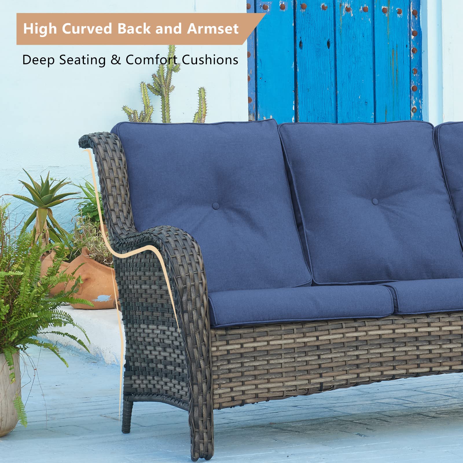 HUMMUH 3-Seat Outdoor Wicker Sofa PE Rattan Patio Couch with Cushions,Deep Seat High Curved Back Armset Patio Sofa