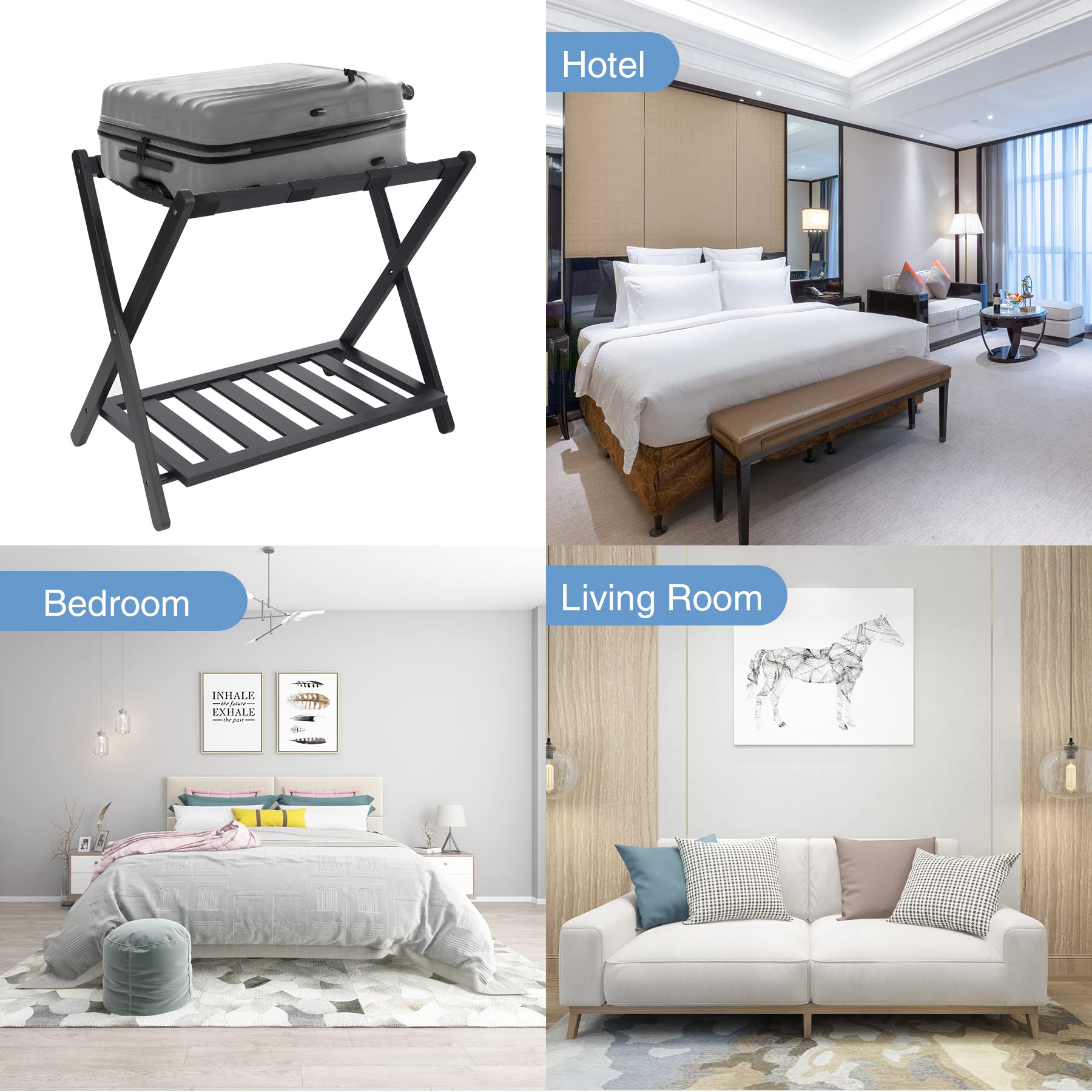 ALAPUR Folding Luggage Rack for Guest Room,Bamboo Suitcase Stand Holder with Shelf for Home Hotel Bedroom,Black