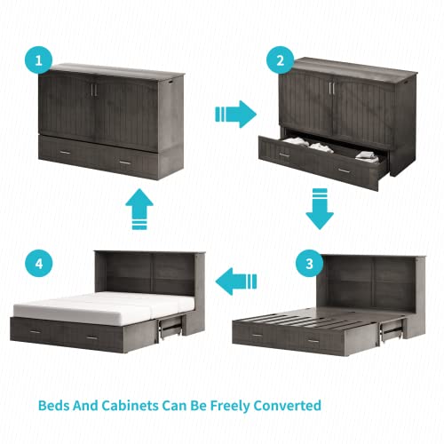 CECER Murphy Bed Cabinet with Memory Foam Mattress, Cube Cabinet Bed Chest with Build-in USB Charging Station and Storage Drawer for Living Room/Apartment/Easy Assembly - Gray