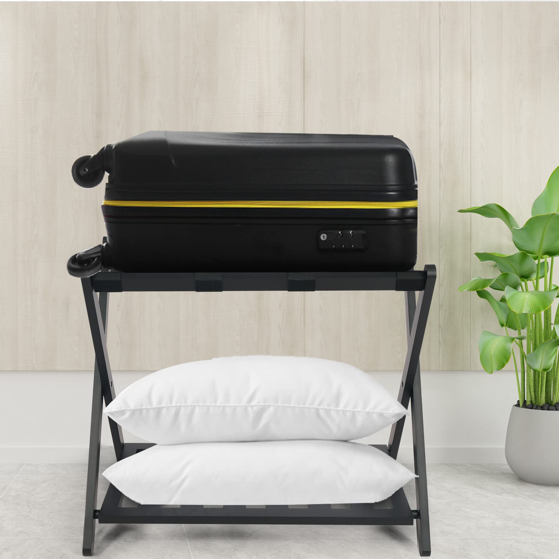 ALAPUR Folding Luggage Rack for Guest Room,Bamboo Suitcase Stand Holder with Shelf for Home Hotel Bedroom,Black