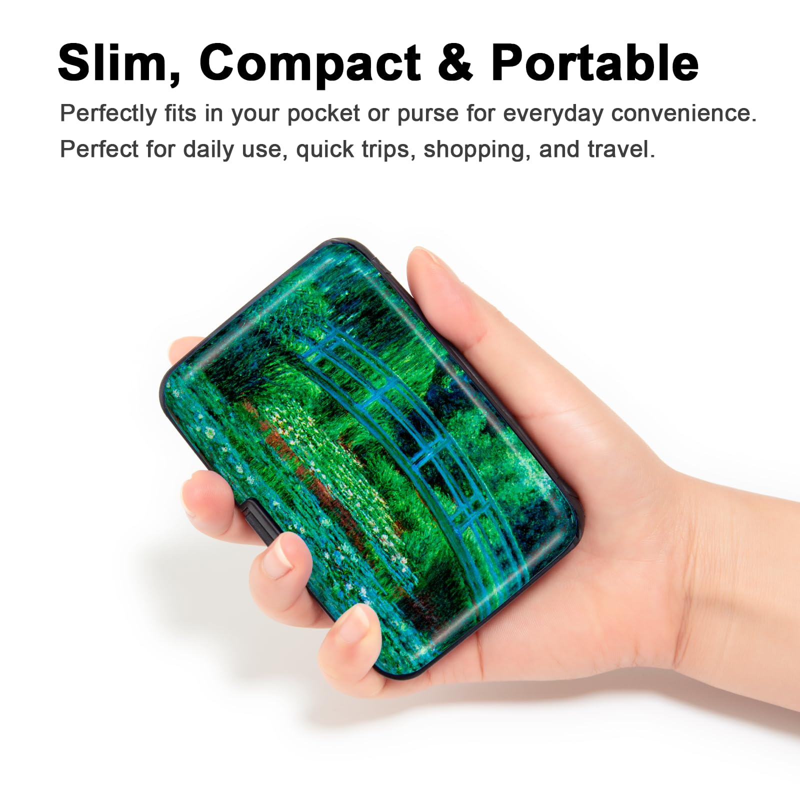 Kaabao Credit Card Holder Small RFID Blocking Wallet Business Metal Slim Mini Aluminum Hard Case for Women Men Gift (Japanese Bridge and Water Lily Pond)