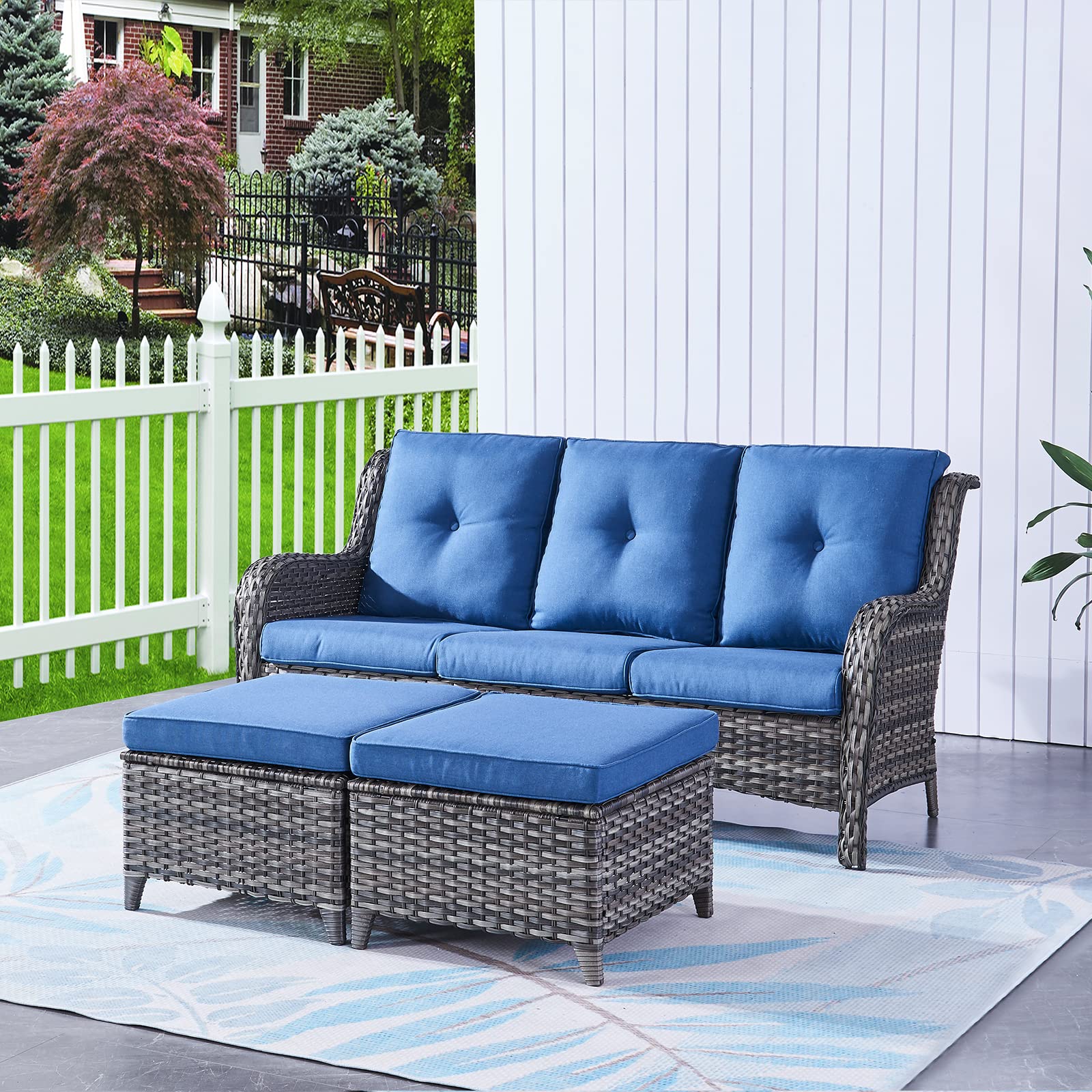 HUMMUH 3-Seat Outdoor Wicker Sofa PE Rattan Patio Couch with Cushions,Deep Seat High Curved Back Armset Patio Sofa