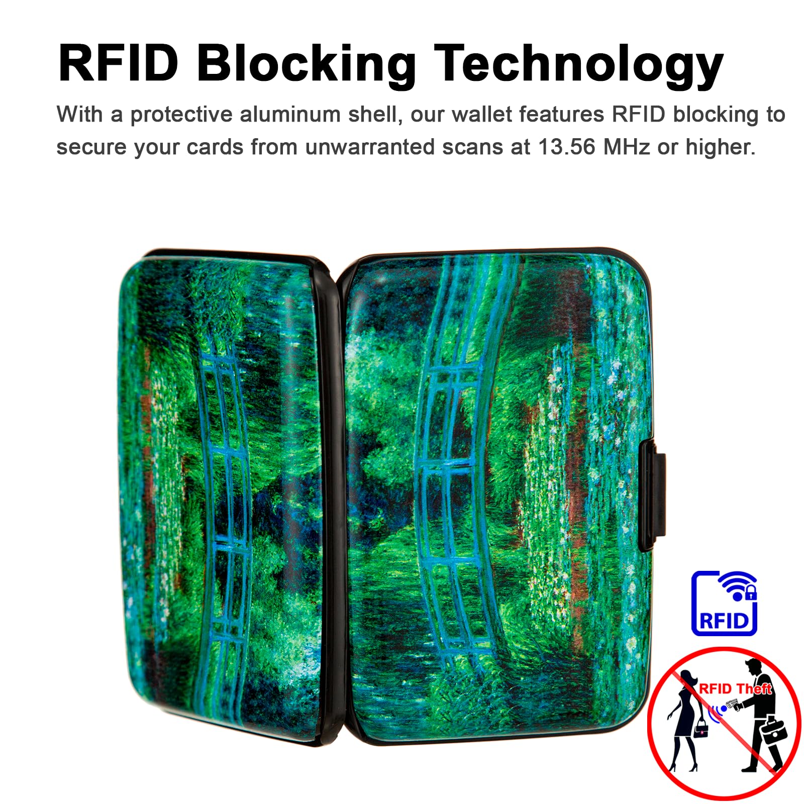 Kaabao Credit Card Holder Small RFID Blocking Wallet Business Metal Slim Mini Aluminum Hard Case for Women Men Gift (Japanese Bridge and Water Lily Pond)