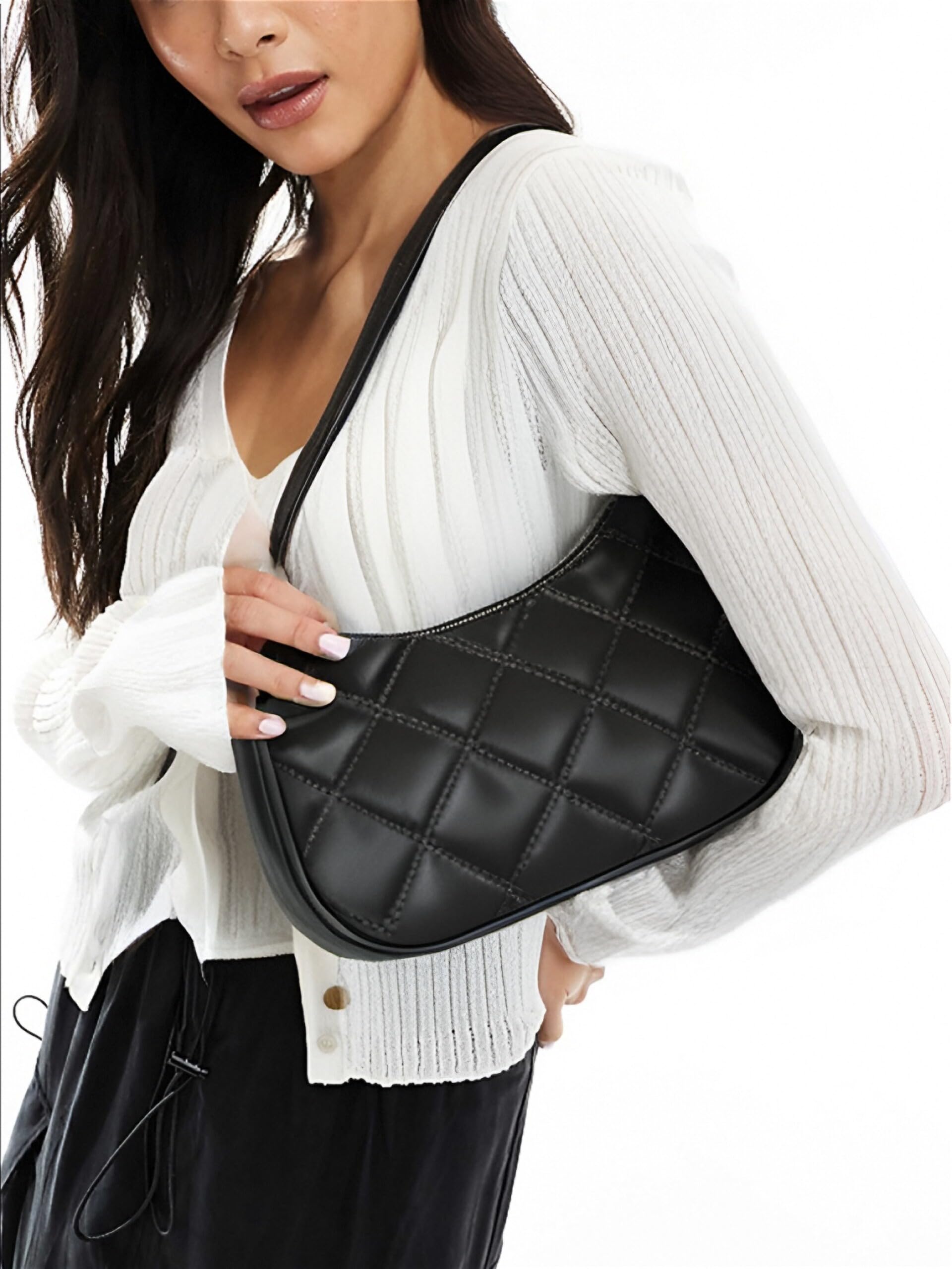 CYHTWSDJ Shoulder Bags for Women, Cute Hobo Tote Handbag Mini Clutch Purse with Zipper Closure (Black LG)