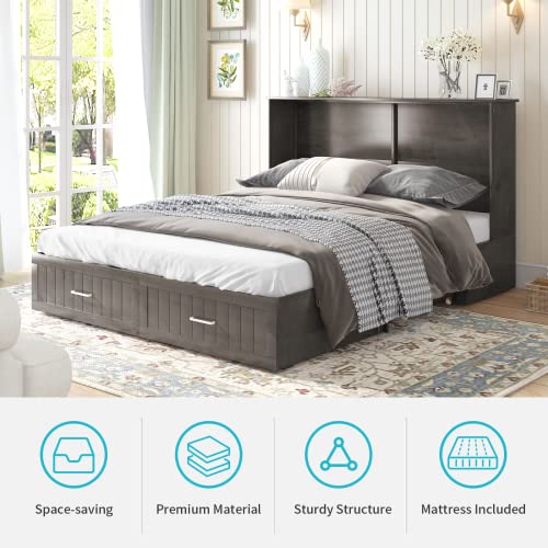 CECER Murphy Bed Cabinet with Memory Foam Mattress, Cube Cabinet Bed Chest with Build-in USB Charging Station and Storage Drawer for Living Room/Apartment/Easy Assembly - Gray