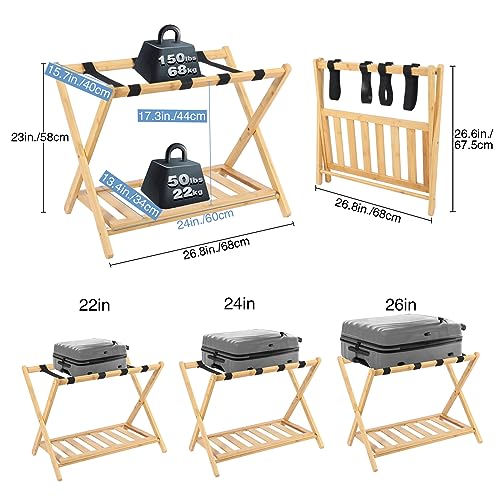 ALAPUR Bamboo Luggage Rack for Guest Room, Folding Luggage Holder with Storage Shelf , Suitcase Stand for Bedroom,Guest Room,Hotel