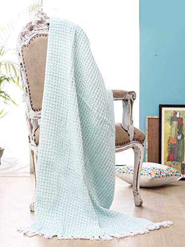 Farmhouse Throws Blanket in Two Tone Honeycomb,Picnic,Camping, Beach,Throws for Couch,Everyday Use, Cotton Throw Blanket with Super Soft and Excellent Handfeel 50 x 60 -Aqua White