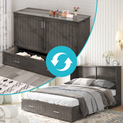 CECER Murphy Bed Cabinet with Memory Foam Mattress, Cube Cabinet Bed Chest with Build-in USB Charging Station and Storage Drawer for Living Room/Apartment/Easy Assembly - Gray