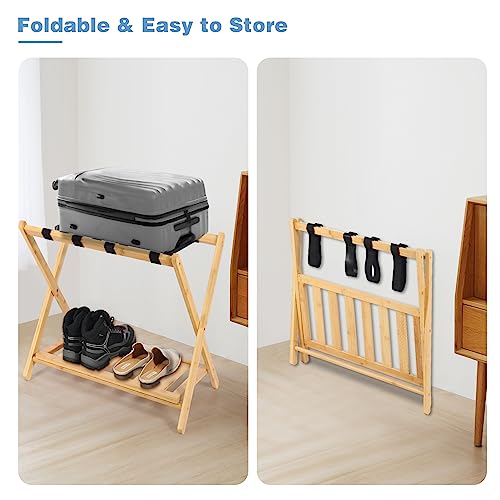 ALAPUR Bamboo Luggage Rack for Guest Room, Folding Luggage Holder with Storage Shelf , Suitcase Stand for Bedroom,Guest Room,Hotel