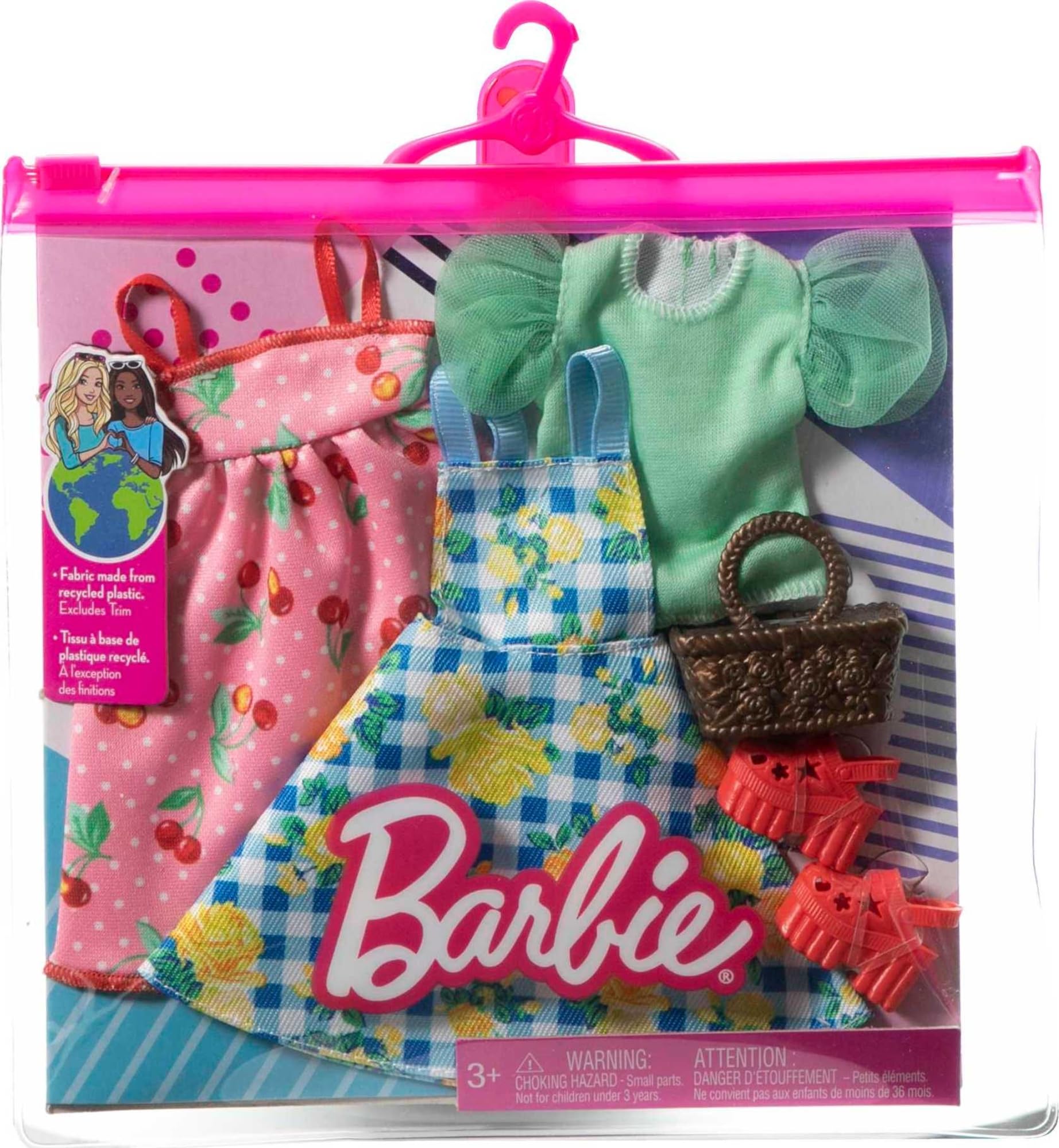 Barbie Fashions 2-Pack Clothing Set, 2 Outfits for Barbie Doll Include 2 Picnic-Themed Dresses & 2 Accessories Including Basket