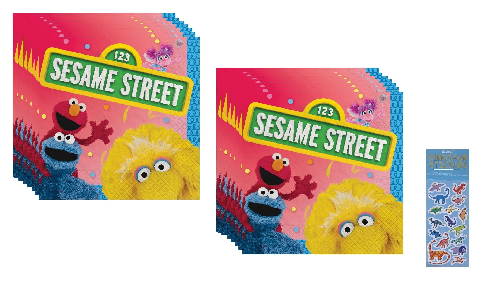 Sesame Street Birthday Party Supplies Bundle Pack includes 32 Napkins and 1 Dinosaur Sticker Sheet