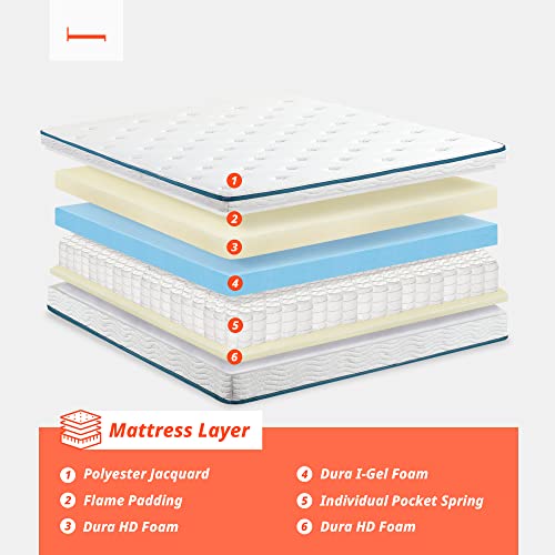 PrimaSleep 10 inch Hybrid Comfort Tight Top Spring Mattress Queen Size Dark Blue Piping,Cool I Gel Memory Foam, CertiPUR US Certified, Compressed Packing