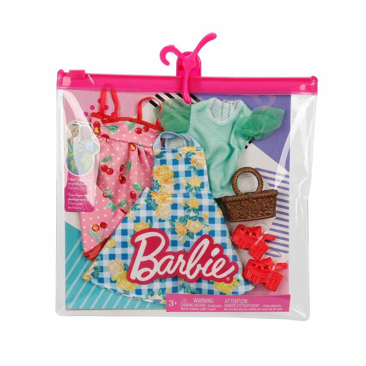 Barbie Fashions 2-Pack Clothing Set, 2 Outfits for Barbie Doll Include 2 Picnic-Themed Dresses & 2 Accessories Including Basket