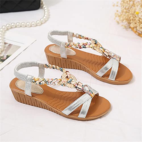 Women's Tan Sandals Ladies Fashion Bohemian Summer Leather Knitted Rhinestone Decoration Slope Heel Sandals (Silver, 8)