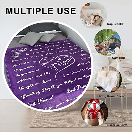 Mom Blankets Flannel Throw for Women Anniversary Birthday Gift Portable from Daughter Son Printed Warm Soft Couch Sofa Decor Purple 60"x80"