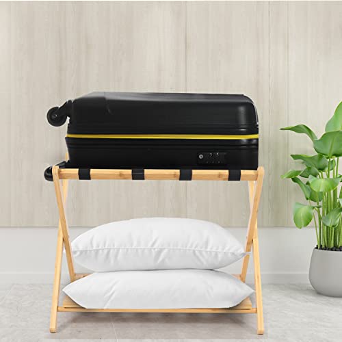 ALAPUR Bamboo Luggage Rack for Guest Room, Folding Luggage Holder with Storage Shelf , Suitcase Stand for Bedroom,Guest Room,Hotel