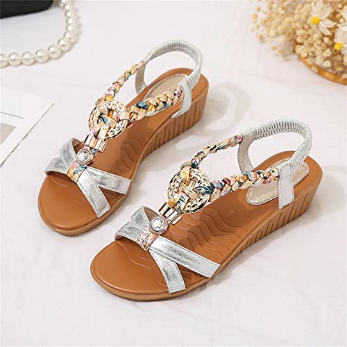Women's Tan Sandals Ladies Fashion Bohemian Summer Leather Knitted Rhinestone Decoration Slope Heel Sandals (Silver, 8)