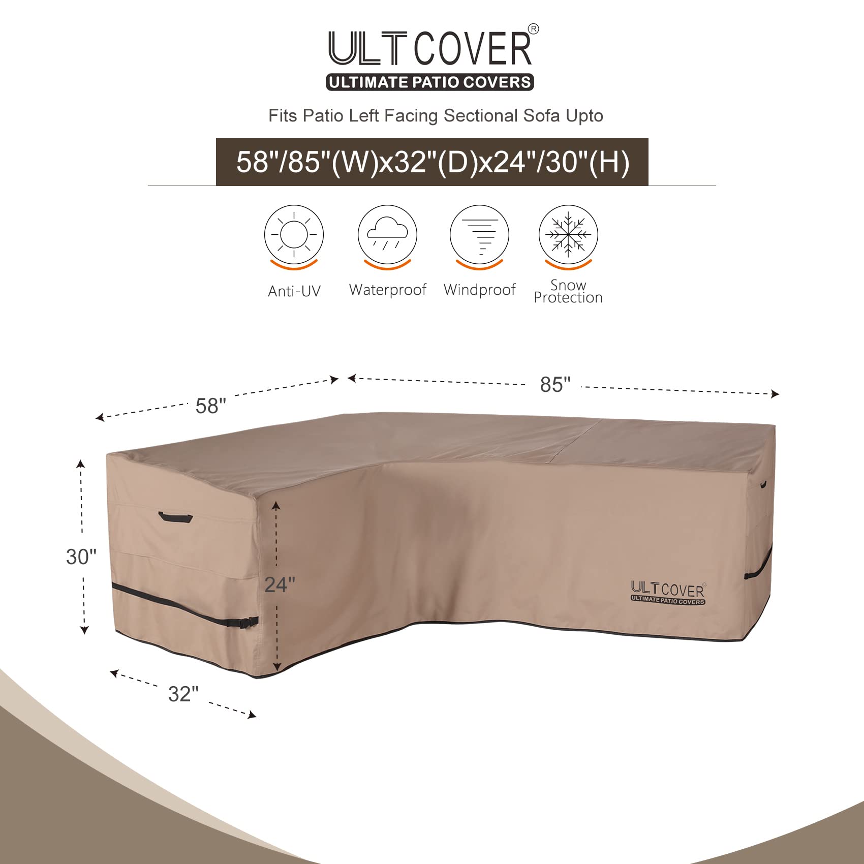 ULTCOVER Patio L-Shaped Left Facing Sofa Cover Waterproof for 4-Seater Outdoor Sectional Furniture Couch 58x85 inch Wide
