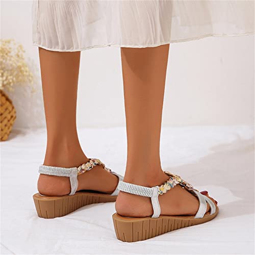 Women's Tan Sandals Ladies Fashion Bohemian Summer Leather Knitted Rhinestone Decoration Slope Heel Sandals (Silver, 8)