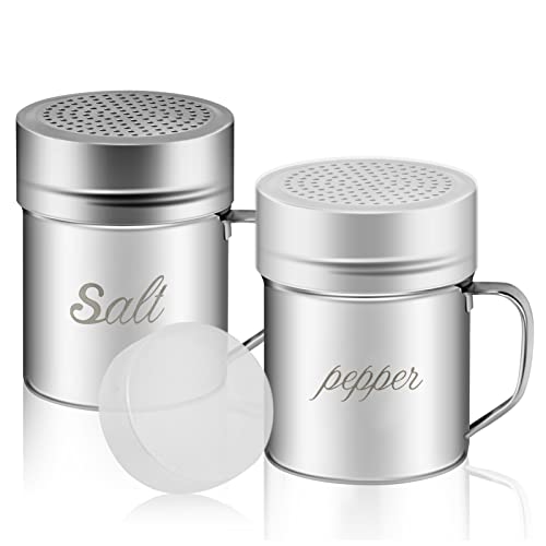 ZERUIDM Stainless Steel Salt and Pepper Shakers Set, 10 OZ Seasoning Spice Shaker with Lid and Handle 127 Holes, Metal Dredge Shaker for Powder Sugar Cooking Kitchen Baking (2 Pieces)