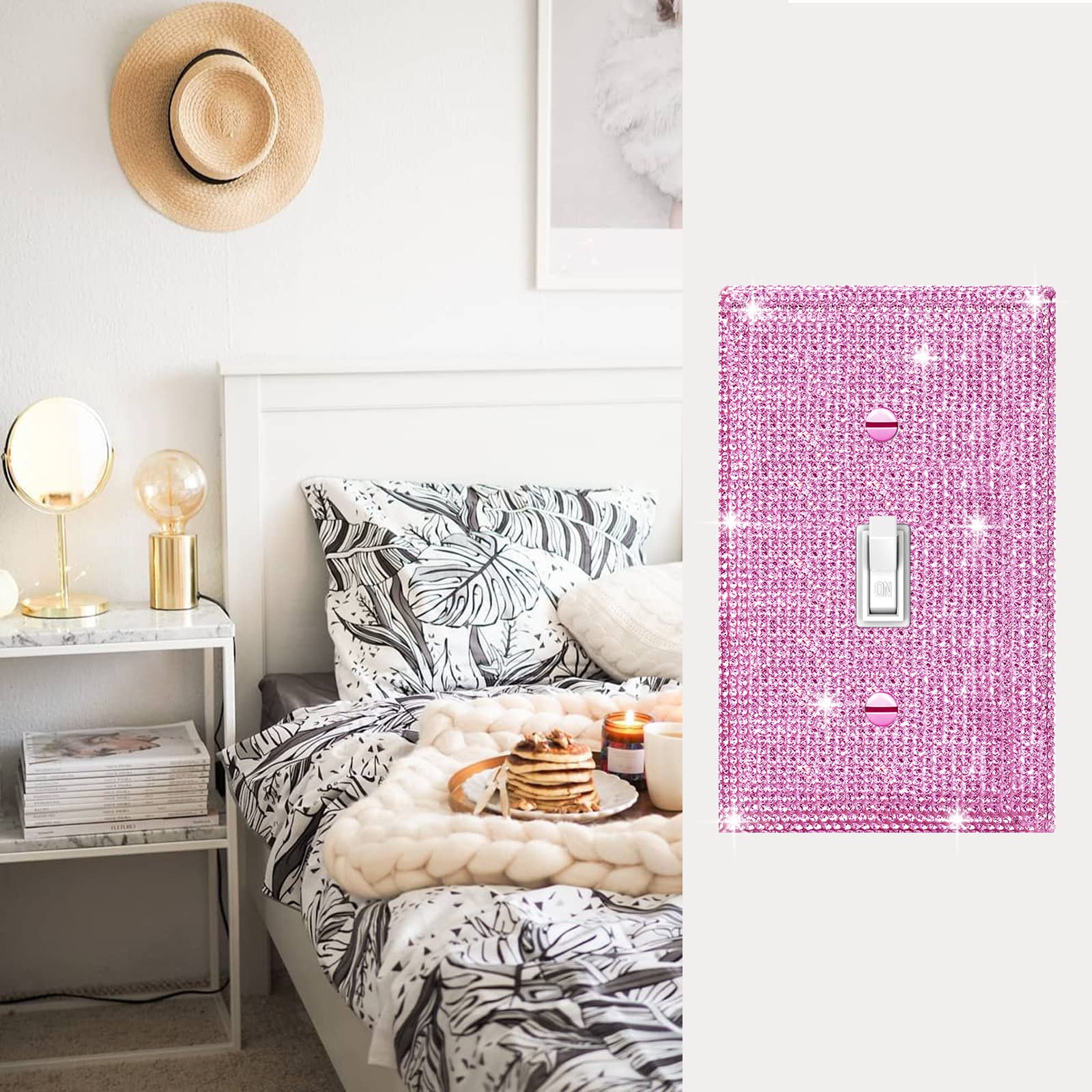 Gaocai 1 Pcs Shiny Silver Pink Rhinestone Wall Plate Cover 1 Gang Decorative Light Switch Cover Rhinestones Switch Covers