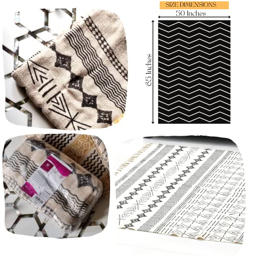 InstyleCraft - Cotton Throw Blanket - Woven Warm Boho Decor Couch Chair Sofa Bed Kitchen Living Room - Block-Printed - Chair Blanket with Tassels for Outdoor Camping Beach Picnic
