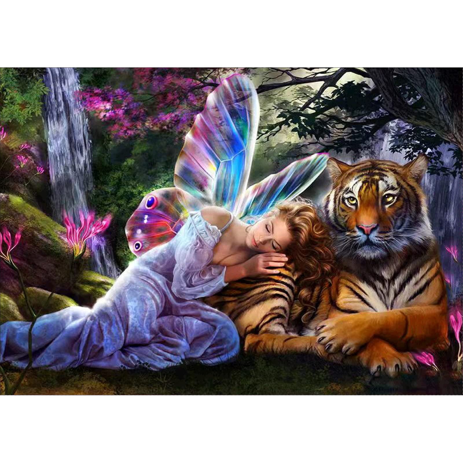 FEGAGA 5D Angel and Tiger Diamond Art Painting Kits for Adults Animals and Beauties Diamond Art Kits for Adults Diamond Art Kits Gem Art Wall Home Decor Oil 11.8X15.7inch