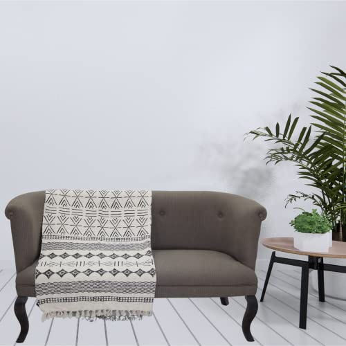 InstyleCraft - Cotton Throw Blanket - Woven Warm Boho Decor Couch Chair Sofa Bed Kitchen Living Room - Block-Printed - Chair Blanket with Tassels for Outdoor Camping Beach Picnic