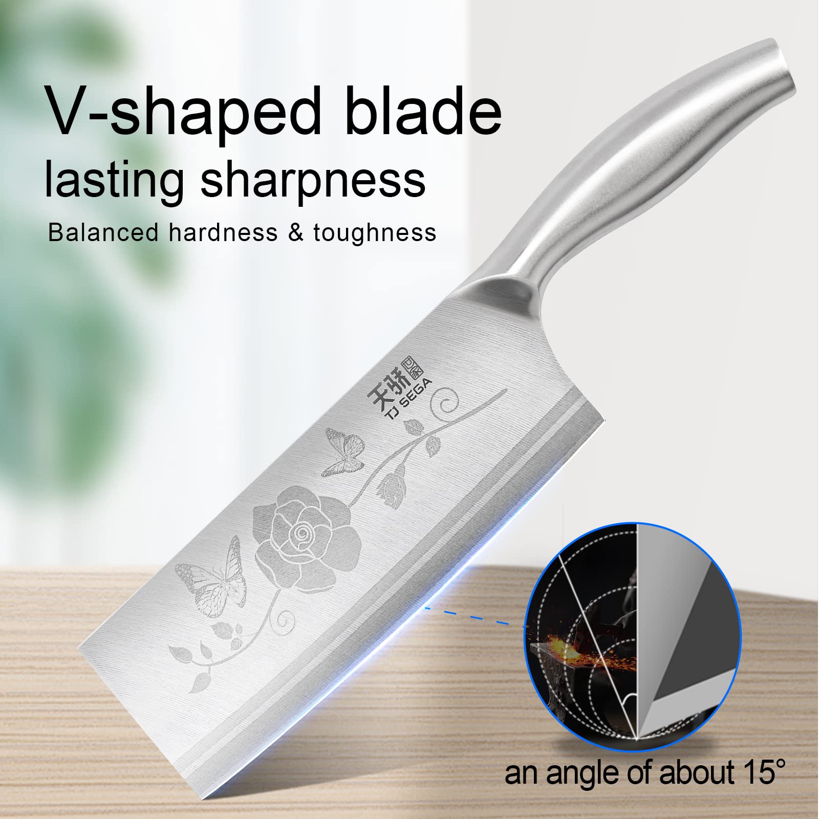 Vegetable Cleaver Knife 7.4 Inch, Ultra Sharp Chinese Chef's Knives, Full-tang Meat Cleaver 30Cr13 Steel Blade Thickness 2.1 mm, TJ SEGA Series TC1506