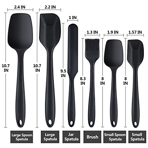 Spatulas Set of 6, Food Grade Silicone Spatulas, Rubber Spatulas Heat Resistant, Seamless One Piece Design, Stainless Steel Core, Kitchen Utensils Nonstick for for Cooking, Baking and Mixing (Black)