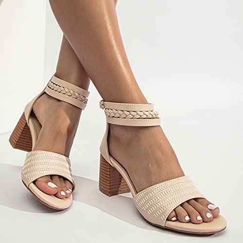 Lace up Sandals for Women Sexy Sandals Summer Versatile Thick Heel Square Heel Non Slip Buckle Strap Shoes (White, 6.5)