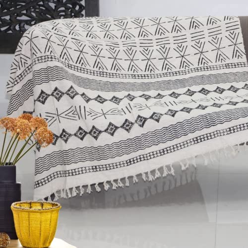 InstyleCraft - Cotton Throw Blanket - Woven Warm Boho Decor Couch Chair Sofa Bed Kitchen Living Room - Block-Printed - Chair Blanket with Tassels for Outdoor Camping Beach Picnic