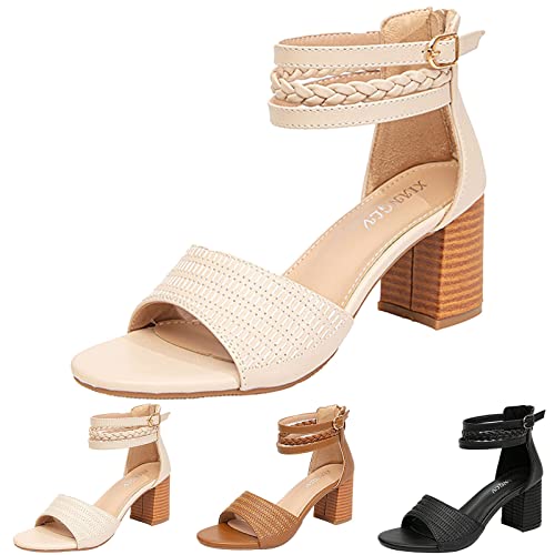 Lace up Sandals for Women Sexy Sandals Summer Versatile Thick Heel Square Heel Non Slip Buckle Strap Shoes (White, 6.5)