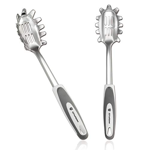 Premium Spaghetti Spoon Server Set - Stainless Steel Slotted Pasta Spoon and Fork with Comfortable Grip Design - Ideal for Serving and Straining Spaghetti, Noodles, and More - Set of 2 With Bonus Gift