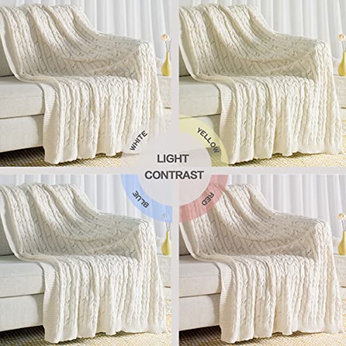 Carriediosa Cable Knit Throw Blanket for Couch Soft Knit Woven Chenille Blankets for Chair Warm and Cozy Lightweight Farmhouse Decorative Throws for Bed and Sofa, 60" X 80" Twin Size Cream White