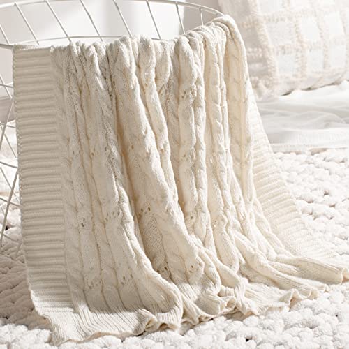 Carriediosa Cable Knit Throw Blanket for Couch Soft Knit Woven Chenille Blankets for Chair Warm and Cozy Lightweight Farmhouse Decorative Throws for Bed and Sofa, 60" X 80" Twin Size Cream White