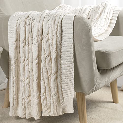Carriediosa Cable Knit Throw Blanket for Couch Soft Knit Woven Chenille Blankets for Chair Warm and Cozy Lightweight Farmhouse Decorative Throws for Bed and Sofa, 60" X 80" Twin Size Cream White