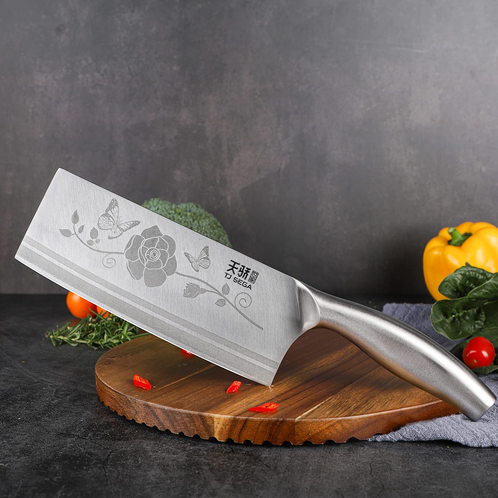 Vegetable Cleaver Knife 7.4 Inch, Ultra Sharp Chinese Chef's Knives, Full-tang Meat Cleaver 30Cr13 Steel Blade Thickness 2.1 mm, TJ SEGA Series TC1506
