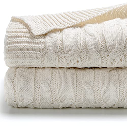 Carriediosa Cable Knit Throw Blanket for Couch Soft Knit Woven Chenille Blankets for Chair Warm and Cozy Lightweight Farmhouse Decorative Throws for Bed and Sofa, 60" X 80" Twin Size Cream White