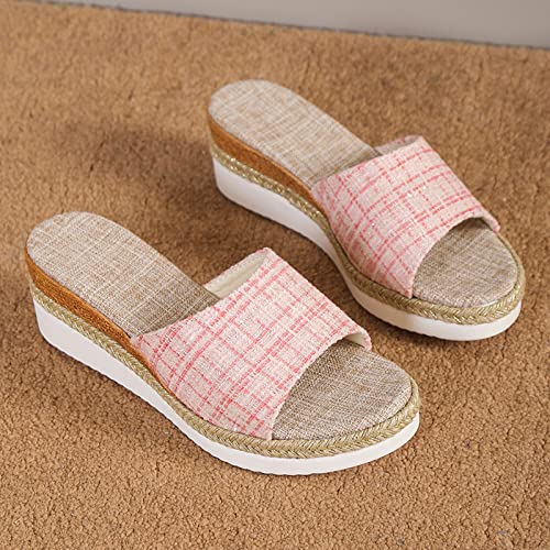 Womens Platform Wedge Sandals Espadrilles Braided Open Toe Slip On Summer Mule High Heels Summer House Slippers (Pink, 7)