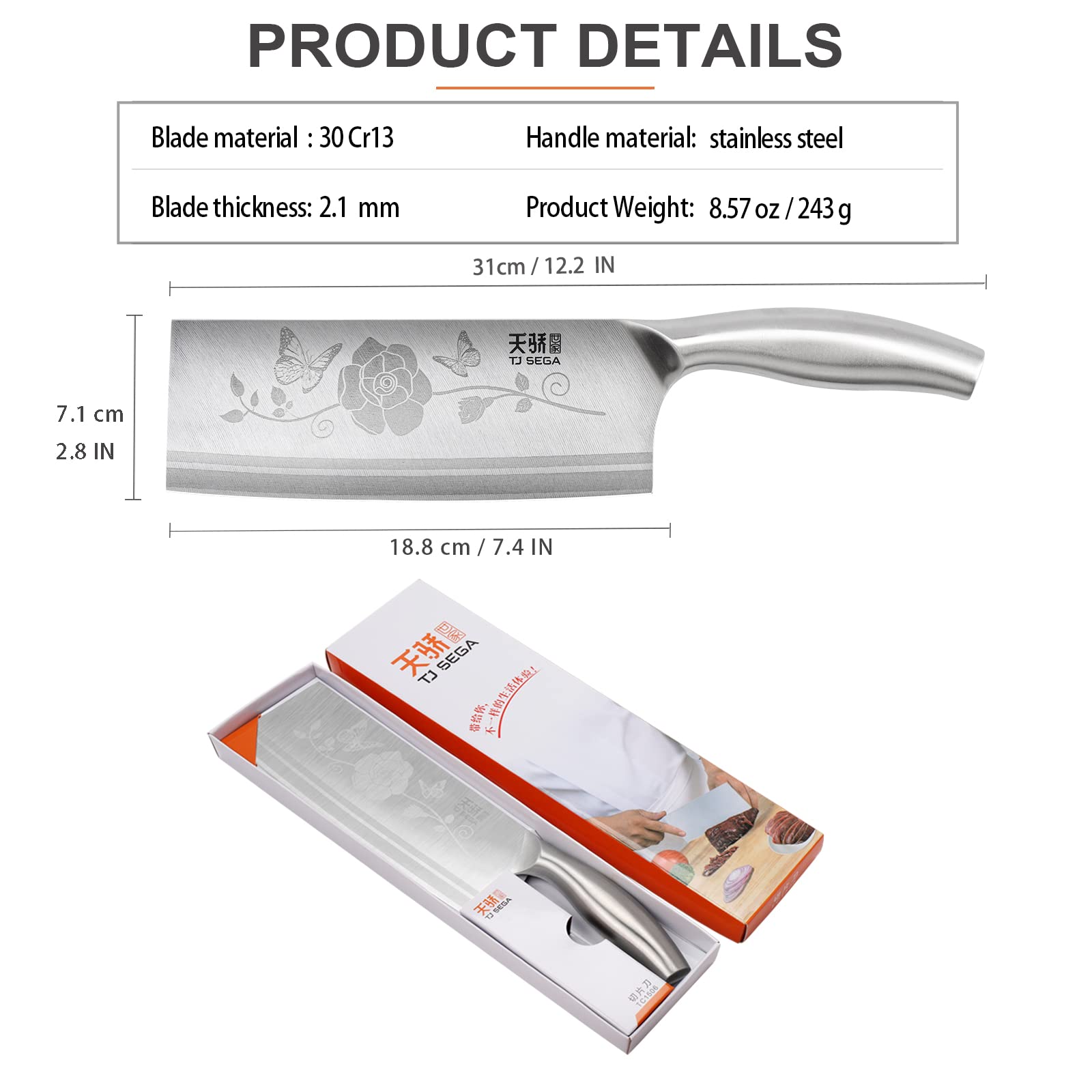 Vegetable Cleaver Knife 7.4 Inch, Ultra Sharp Chinese Chef's Knives, Full-tang Meat Cleaver 30Cr13 Steel Blade Thickness 2.1 mm, TJ SEGA Series TC1506