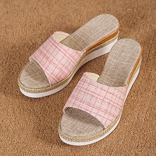 Womens Platform Wedge Sandals Espadrilles Braided Open Toe Slip On Summer Mule High Heels Summer House Slippers (Pink, 7)