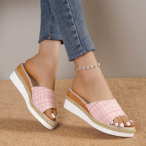 Womens Platform Wedge Sandals Espadrilles Braided Open Toe Slip On Summer Mule High Heels Summer House Slippers (Pink, 7)