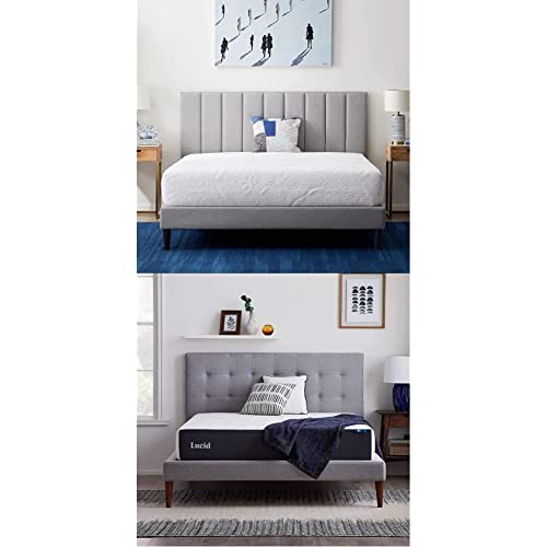 Lucid Upholstered Platform Bed with Channel Tufted Headboard and 10 Inch Memory Foam Medium Plush Mattress, King